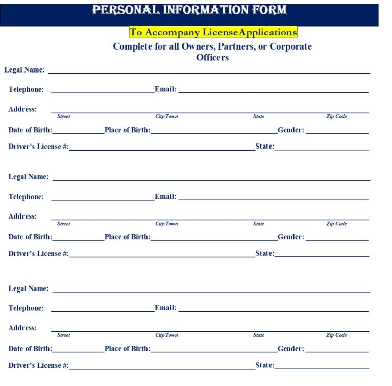 Best 10 Personal Information Form Templates - Excel Word Template