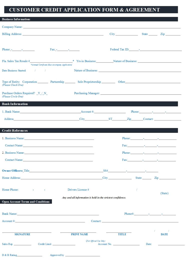 Business Credit Application Samples - Excel Word Template