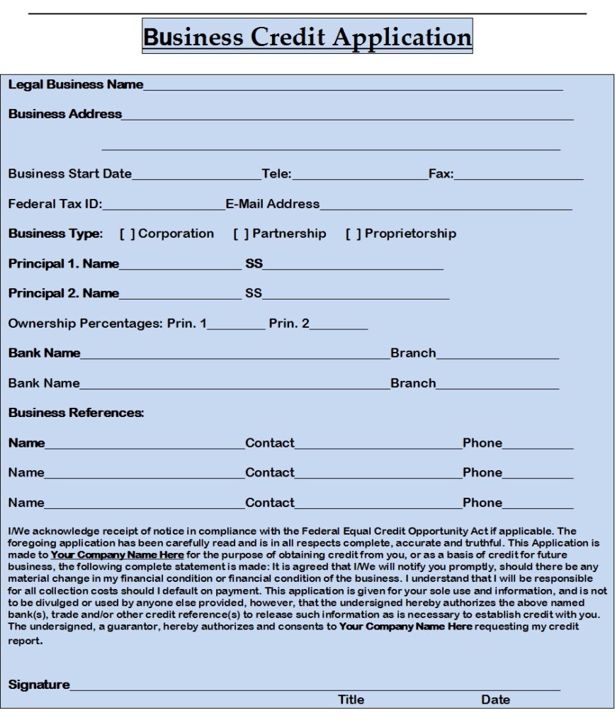 Business Credit Application Samples - Excel Word Template