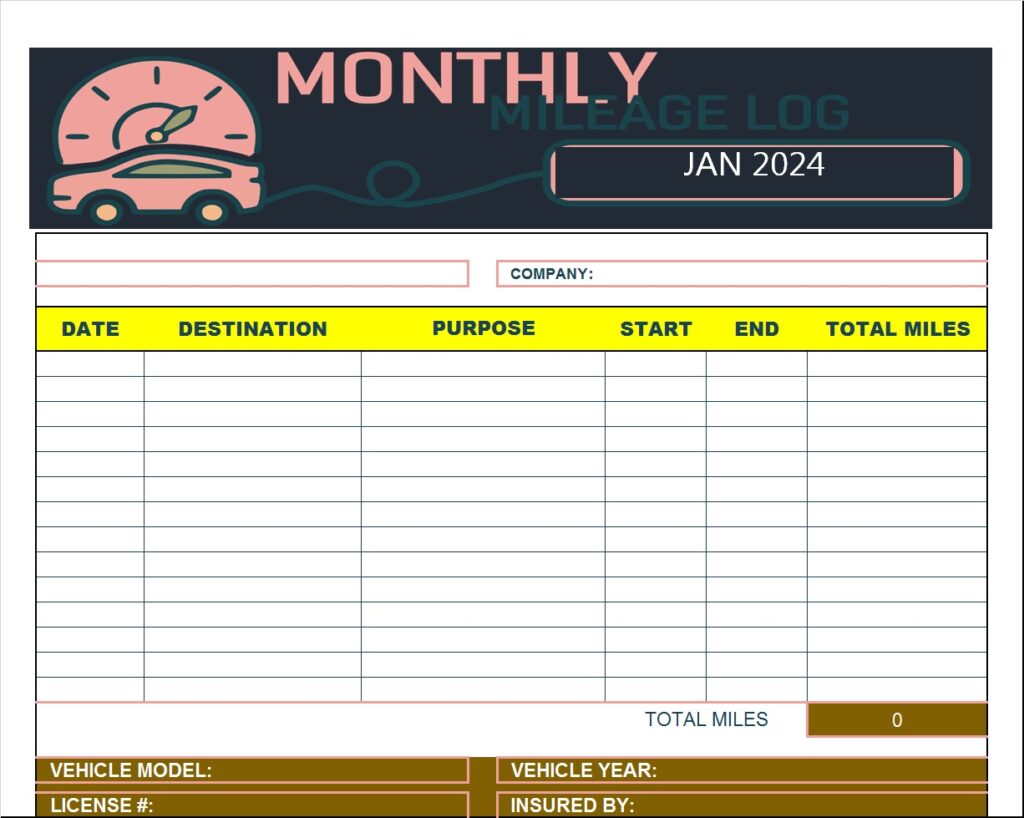 Daily Auto Mileage Log Templates - Excel Word Template