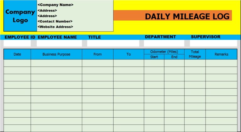 Daily Auto Mileage Log Templates - Excel Word Template