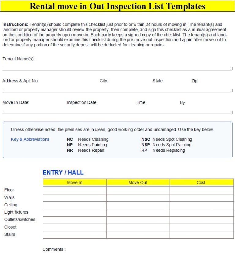 Rental Move In/out Inspection List Templates - Excel Word Template