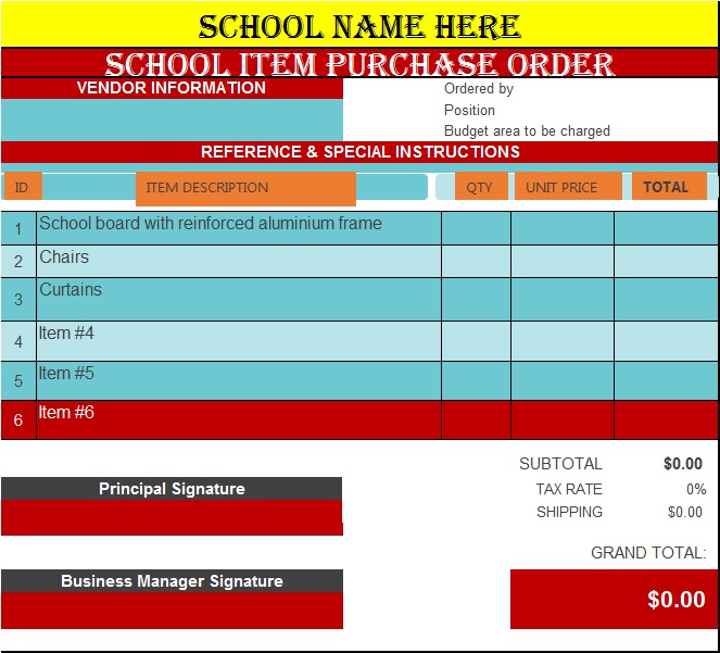 School Items Purchase Order Templates Excel Word Template School Items Purchase Order Templates Excel Word Template